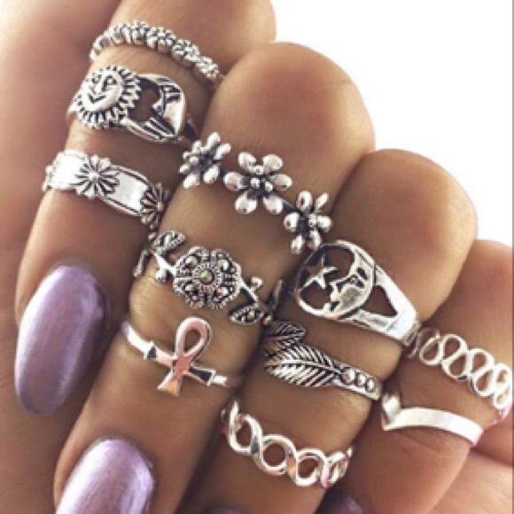 Jewelry | 11 Pc Trendy Boho Silver Sun Moon Florwer Stackable Ring Set ...